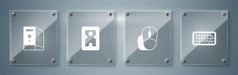 Set Keyboard Computer Mouse Hard Disk Drive Hdd And Case Of Computer Square Glass Panels