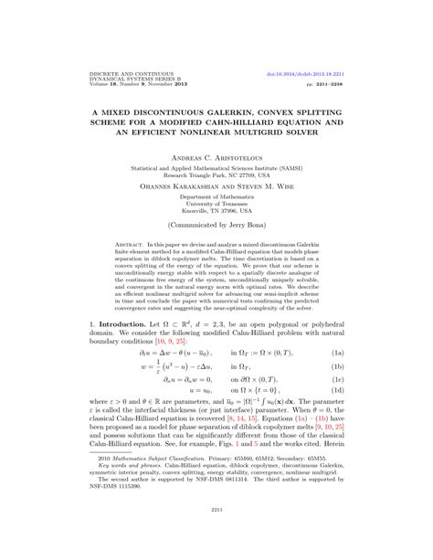 Pdf A Mixed Discontinuous Galerkin Convex Splitting Scheme For A Modified Cahn Hilliard