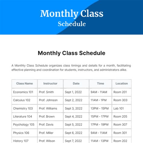 Free Monthly Class Schedule Template To Edit Online