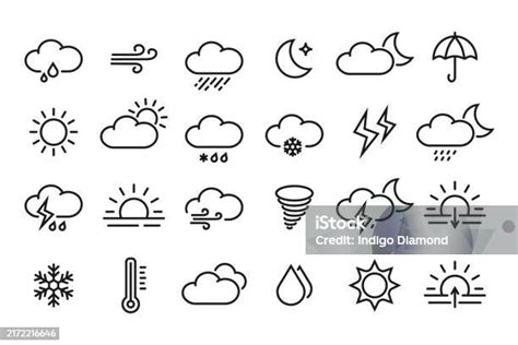 편집 가능한 획으로 설정된 날씨 선 아이콘입니다 기상학 기호의 간단한 개요 모음입니다 일기 예보 아이콘 벡터 일러스트 레이 션 0명에 대한 스톡 벡터 아트 및 기타 이미지