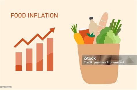 Printfood 인플레이션과 위기 식료품 쇼핑 카트를 들고 있는 여성 위로 올라가는 화살표 그래프 벡터 그림 식량 인플레이션 경기 침체로 인한 식량 가격 상승 경제에 대한
