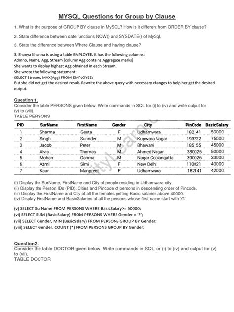 Mysql Questions For Group By Clause Pdf Information Technology