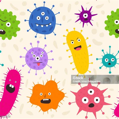 박테리아와 세균이 있는 매끄러운 패턴 백색 배경에 고립된 색 미생물 및 질병 바이러스 좋은 나쁜 미생물 건강관리와 의술에 대한