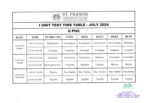 Ii Puc Unit Test Time Table Pdf