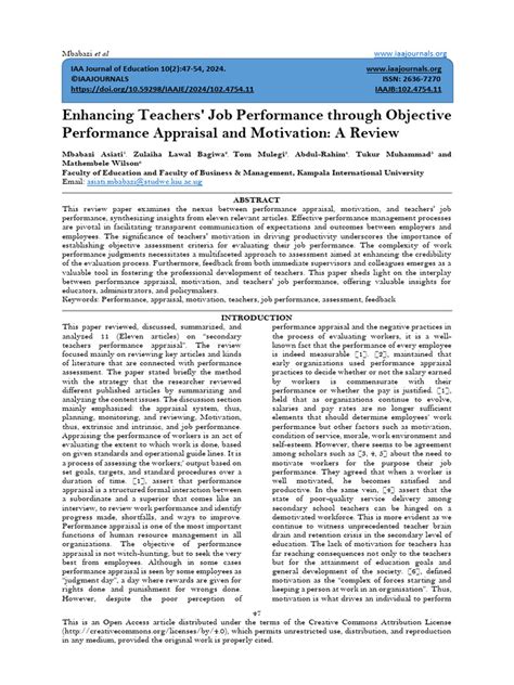 Enhancing Teachers Job Performance Through Objective Performance Appraisal And Motivation A