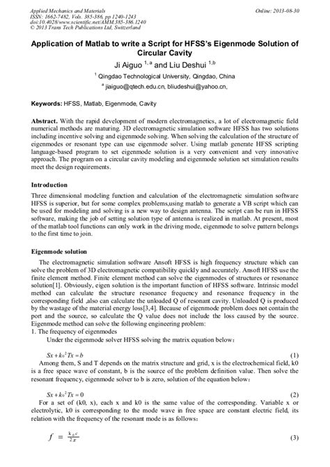 Application Of Matlab To Write A Script For Hfsss Eigenmode Solution Of Circular Cavity