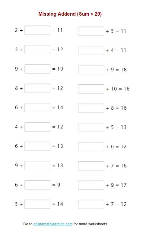 Missing Addend Worksheets Grade 2 Printable Sums