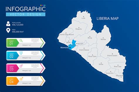 위치 포인터 표시가 있는 라이베리아 지도 분할 도시 및 자본 인포 그래픽 벡터 템플릿이있는 높은 상세한 국가지도 0명에 대한 스톡 벡터 아트 및 기타 이미지 Istock