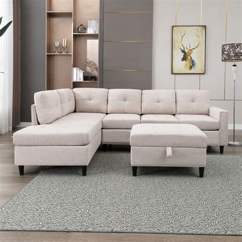 Mjkone Modern Upholstered Sectional Sofa With Ottoman