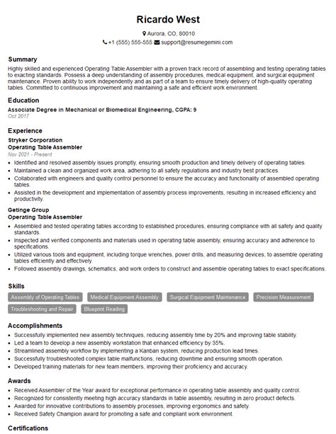 Operating Table Assembler Resume Template Resumegemini Online