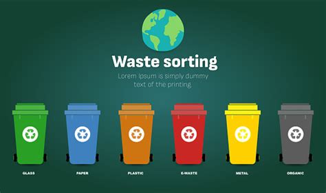 유리 종이 플라스틱 전자 폐기물 금속 및 유기 폐기물 분류를 위한 다양한 색상의 쓰레기 분리 쓰레기통 퇴비에 대한 스톡 벡터 아트 및 기타 이미지 Istock