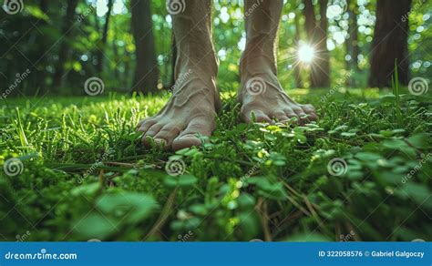 Feet Walking In Green Forest Grounding Barefoot Stock Illustration