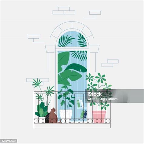 발코니에 하우스 플랜트 식물로 가득 찬 방 문을 통해 볼 수 있습니다 어반 정글 컨셉 발코니에 대한 스톡 벡터 아트 및 기타 이미지 발코니 꽃 식물 실내용 화초