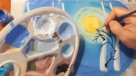 Как нарисовать березы и первый снег поэтапно Рисуем зимний пейзаж легко красками гуашь