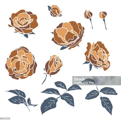 나뭇잎과 싹이 있는 커피 색장미 세트 손으로 그린 꽃 플랫 모티프 모자이크 스타일 카드와 문신에 대한 클립 아트 스티커 및 로고