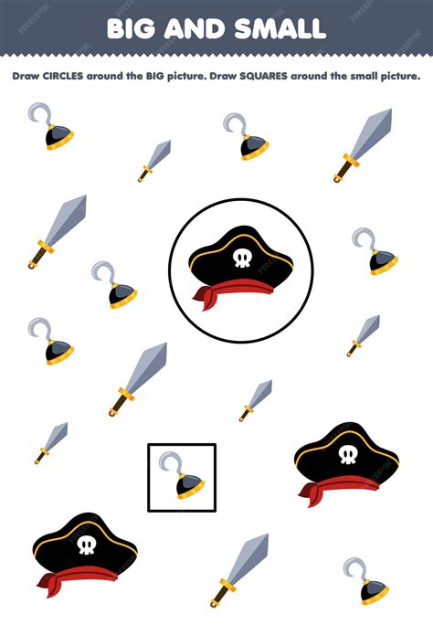 아이들을 위한 교육 게임은 귀여운 만화 모자 걸이와 검 인쇄용 해적 워크시트의 원과 사각형을 그려서 크거나 작은 크기로 정렬합니다 프리미엄 벡터