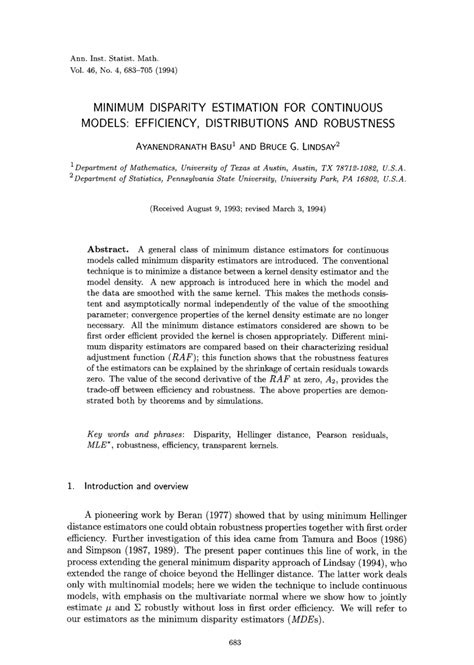 Pdf Minimum Disparity Estimation For Continuous Models Efficiency Distributions And Robustness