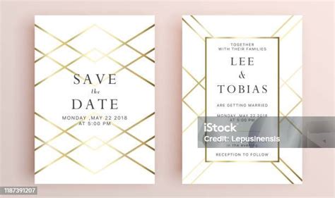 웨딩 카드 템플릿의 아름다운 세트 기하학적 다면체 결혼식 초대장 고급 템플릿 장식 패턴에 대한 아르 데코 스타일의 골드 컬렉션입니다 결혼 반지에 대한 스톡 벡터 아트 및