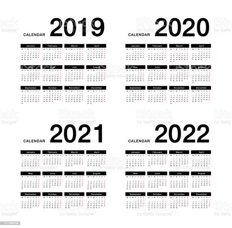 2019 년 및 2020 년 및 2021 년 및 2022 년 달력 벡터 디자인 템플릿 조직 및 비즈니스를위한 간단하고 깨끗한 디자인 주 시작 월요일 10월에 대한 스톡 벡터