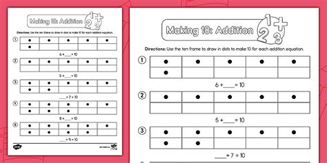 Kindergarten Making 10 Addition Ten Frame Worksheet Twinkl