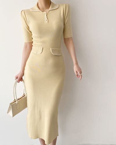 아임쏘 여름 카라 진주 롱 니트 하객 원피스