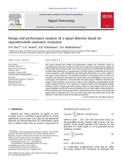 Pdf Design Of Detectors Based On Stochastic Resonance
