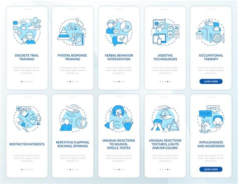 자폐 치료 방법 온보딩 모바일 앱 페이지 화면 설정 자폐증 징후는 개념이 포함된 5단계 그래픽 지침을 안내합니다 선형 컬러 일러스트레이션이 있는 Ui Ux Gui