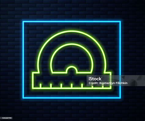 벽돌 벽 배경에 격리 된 도 아이콘을 측정하기위한 빛나는 네온 라인 Protractor 그리드 기울기 각도 미터 측정 도구