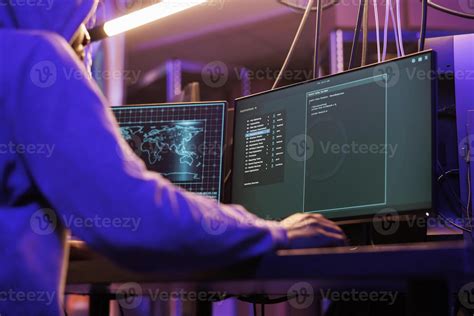 Internet Thief Using Spyware To Steal Information From Victim Computer Young Hacker Running