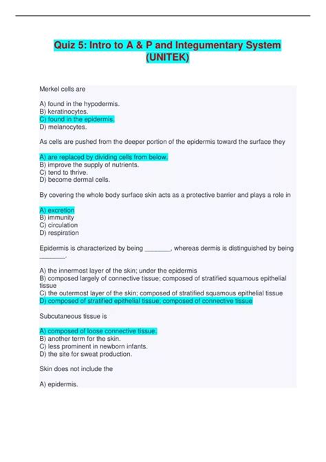 Quiz 5 Intro To A And P And Integumentary System Unitek Questions And Answers Nursing