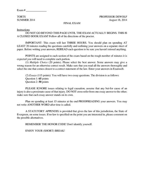 Torts Final Exam TORTS PROFESSOR DEWOLF SUMMER August FINAL