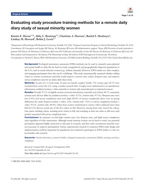 PDF Evaluating Study Procedure Training Methods For A Remote Daily Diary Study Of Sexual
