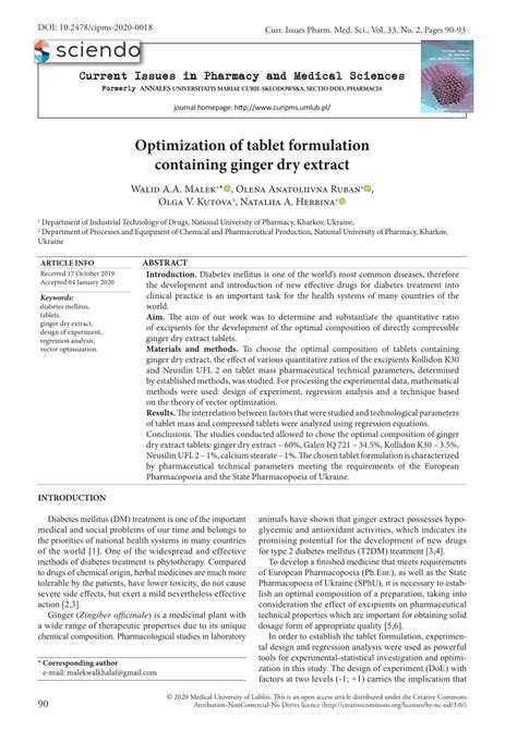 Pdf Optimization Of Tablet Formulation Containing Ginger Dry Extract