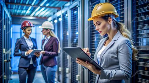 Premium Photo Data Center Women And Tablet With Clipboard Safety And