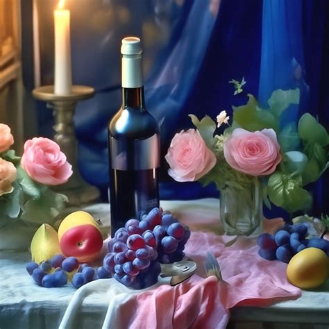 Иллюстрация Розы фрукты и вино