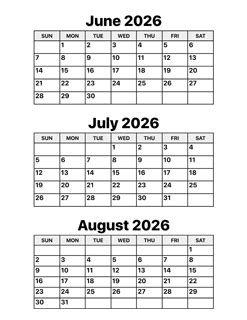 June July August 2026 Calendar Calendar Options