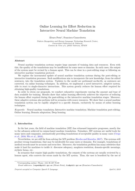 Pdf Online Learning For Effort Reduction In Interactive Neural Machine Translation