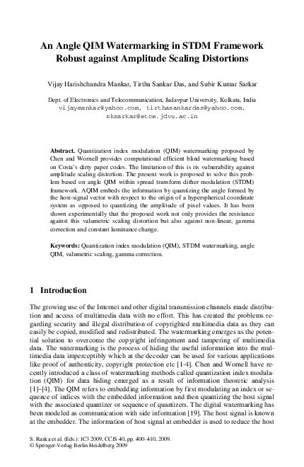 Pdf An Angle Qim Watermarking In Stdm Framework Robust Against Amplitude Scaling Distortions
