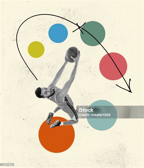 추상적 인 배경 위에 공을 가진 프로 농구 선수 현대 미술 콜라주 스포츠 경쟁 모션 개념 미니멀리즘 농구 팀 스포츠에 대한 스톡 사진 및 기타 이미지 Istock