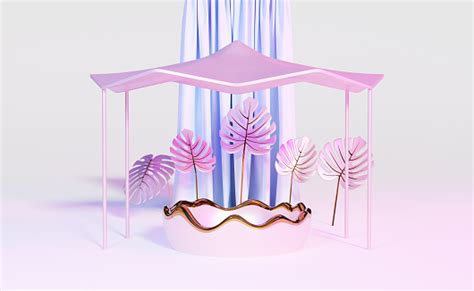 현대적인 무대 디스플레이 및 미니멀리스트 모형 추상 쇼케이스 배경 개념 3d 그림 또는 3d 렌든을 위한 흰색 구성의 잎 몬스테라와 텐트가 있는 타원형 욕조와 커튼 3차원