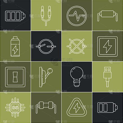 设置线电池电量指示器、usb线、避雷针、电路方案、图标。向量 设置线电池电量指示器、usb线、避雷针、电路方案、图标。向量