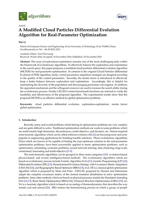 Pdf A Modified Cloud Particles Differential Evolution Algorithm For Real Parameter Optimization