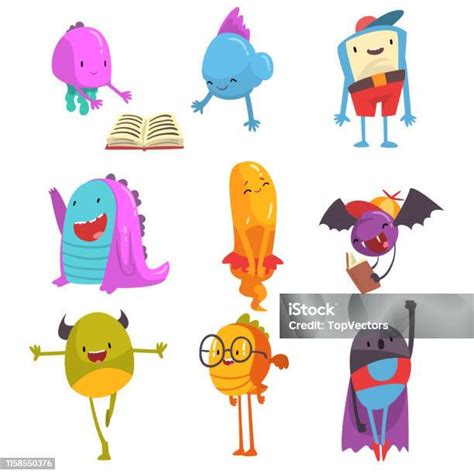 귀여운 친절한 괴물 세트 재미 다채로운 외계인 만화 캐릭터 벡터 일러스트 물고기에 대한 스톡 벡터 아트 및 기타 이미지 물고기 아이 몬스터 Istock