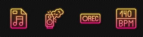 라인 녹음 버튼 Mp3 파일 문서 스테레오 스피커 및 비트 전송률을 설정합니다 빛나는 네온 아이콘입니다 벡터 0명에 대한 스톡 벡터 아트 및 기타 이미지 Istock