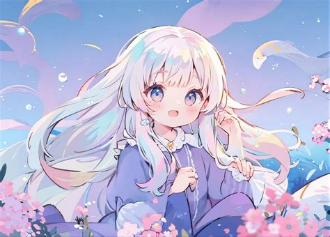 꽃밭에 긴 흰 머리와 파란 눈을 가진 애니메이션 소녀 Seaart Ai 꽃밭에 긴 흰 머리와 파란 눈을 가진 애니메이션 소녀 Seaart Ai