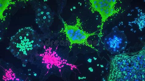 Fluorescent Microscopy Of Neural Cells With Green Pink And Blue