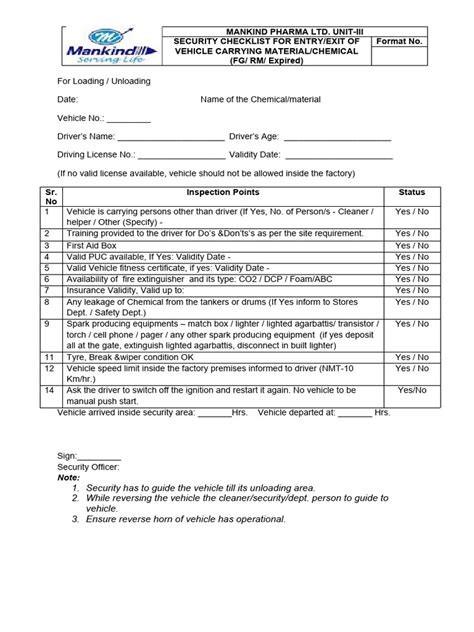 Vehicle Entry Exit Checklist Carrying Material Pdf Vehicles Motor Vehicle