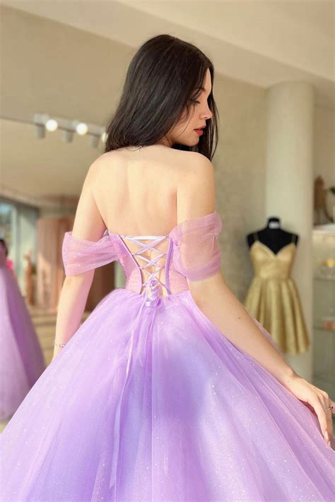 Purple Sweetheart Neck Tulle Long Prom Dress A Line Off Shoulder Even