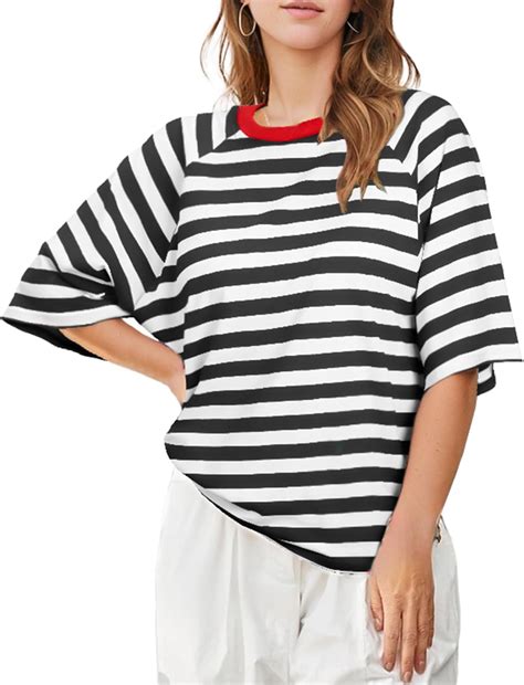 Buauty Women Oversized Striped T Shirts Color Block Summer Tops Crew