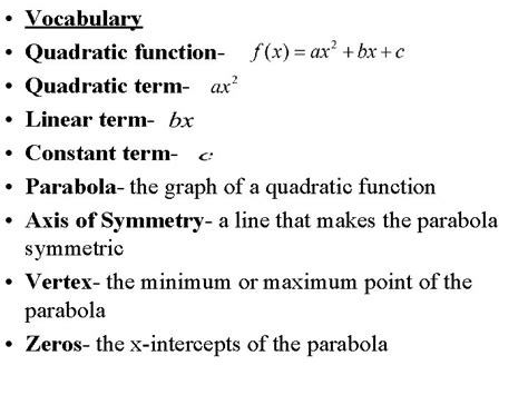 Quadratic Equations And Quadratic Functions Vocabulary Quadratic Function